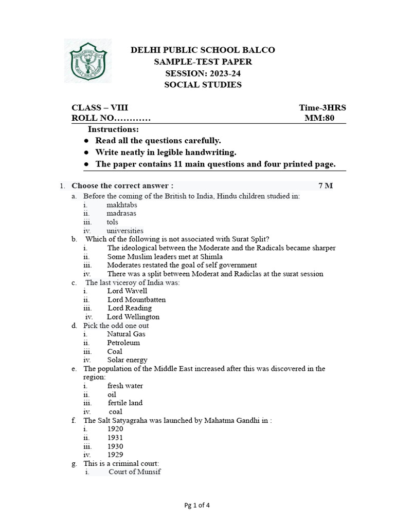 Class 8 Social Studies Sample Test Paper | PDF | Dalit