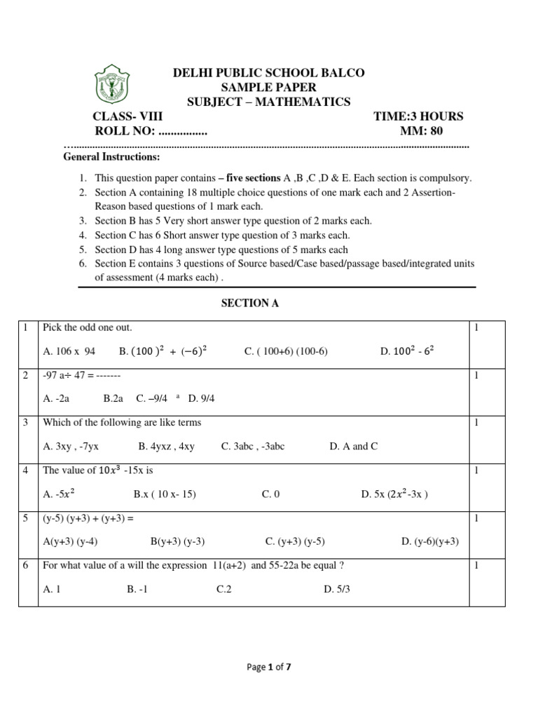 Mathematics Sample Paper CLASS 8TH | PDF | Interest | Loans Mathematics Sample Paper CLASS 8TH | PDF | Interest | Loans