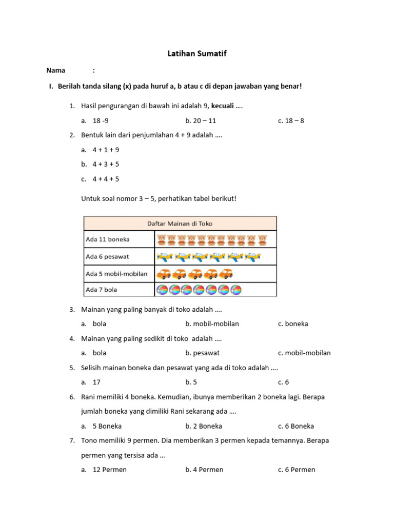 Latihan Sumatif Matematika Kelas 1 - 240130 - 150047 | PDF