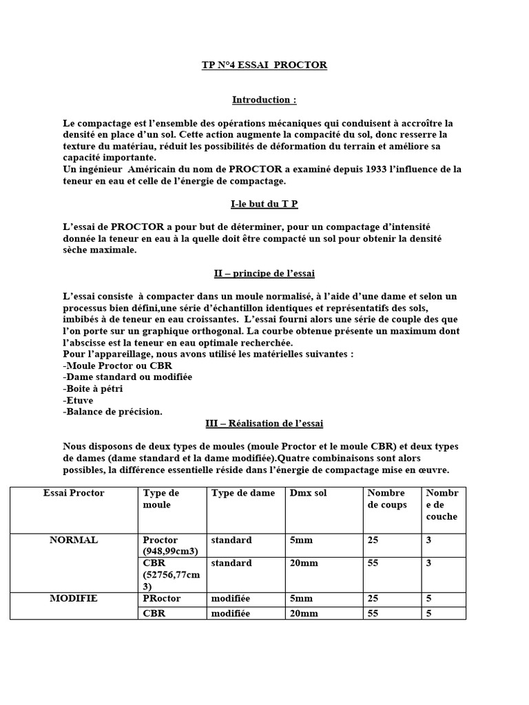 Essai Proctor : Teneur en Eau Optimale | PDF | Sciences physiques ...