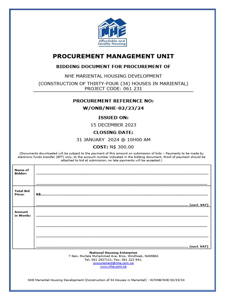 NHE Mariental Housing Bid Document | PDF | Procurement | Prices