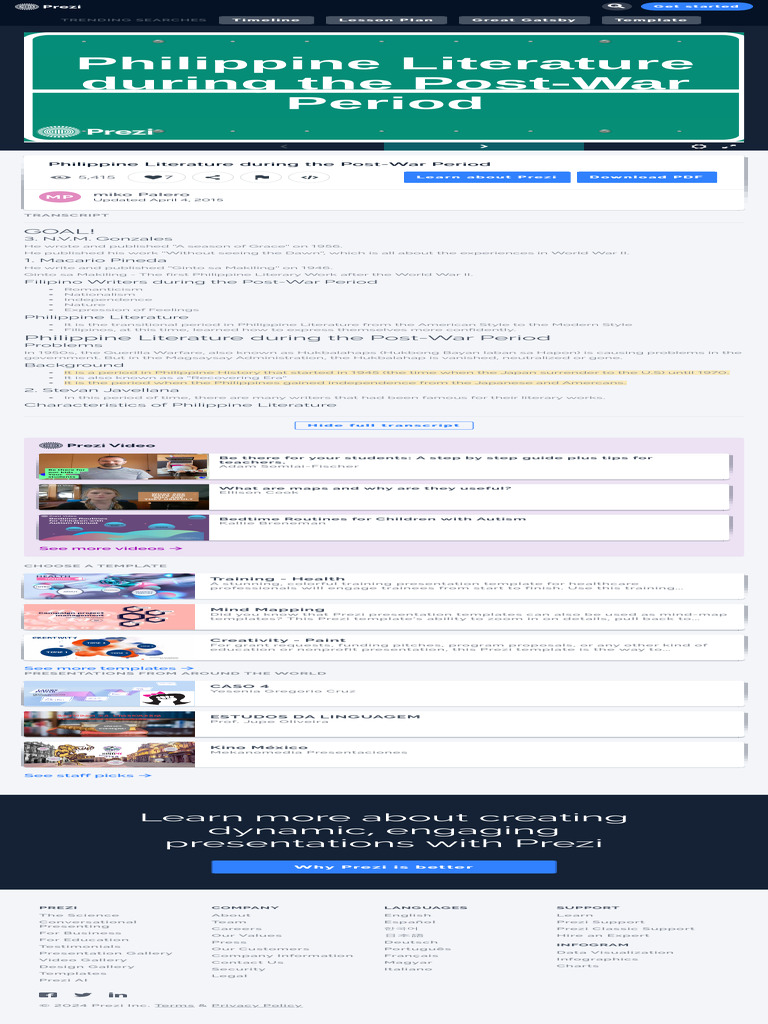 Philippine Literature During The Post-War Period by Miko Palero On Prezi Next | PDF