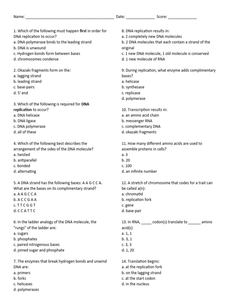 DNA Quiz | PDF | Dna | Dna Replication