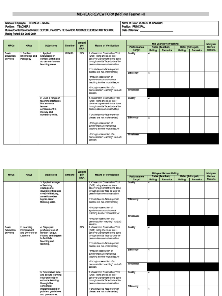 Mid Year Review Form 2023 2024 | PDF | Learning | Teachers