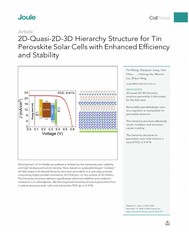 2D-Quasi-2D-3D Hierarchy Structure For Tin Perovskite Solar Cells With Enhanced Efficiency and ...