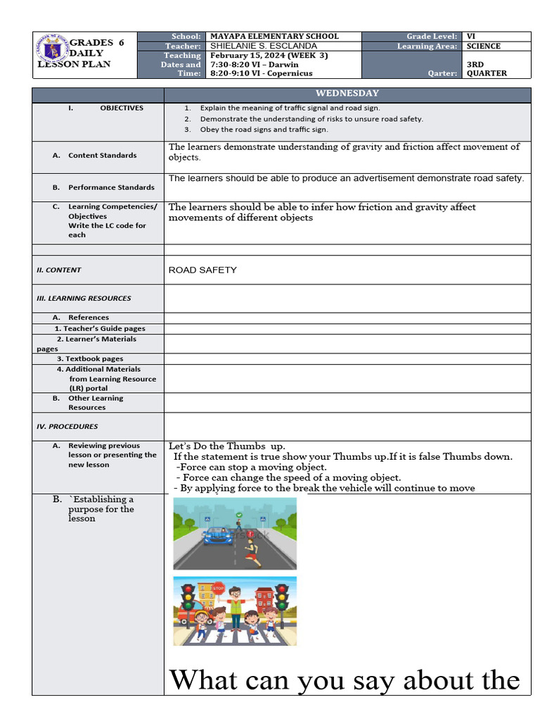 Grade 6 Science: Road Safety Lesson Plan | PDF | Learning | Road ...