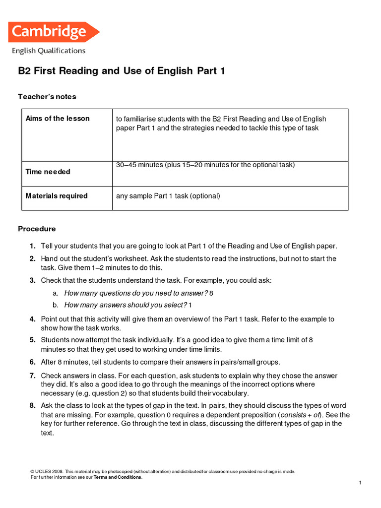Cambridge English b2 First Reading Part 1 | PDF | English Language | Question
