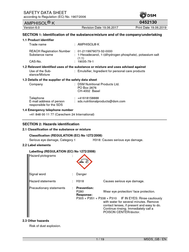 MSDS Amphisol K | PDF | Dangerous Goods | Toxicity