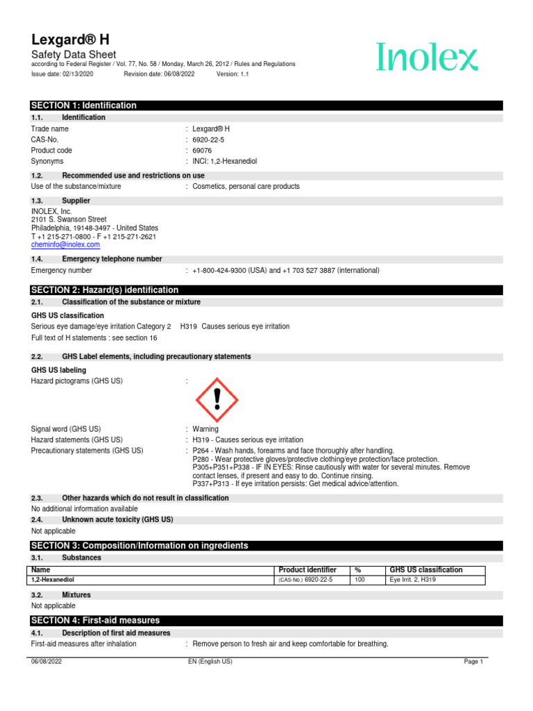 1,2-Hexanediol Inolex | PDF | Dangerous Goods | Safety