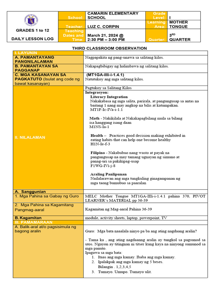 DLP - MTB - Mga Salitang Kilos Sy2023-2024 | PDF
