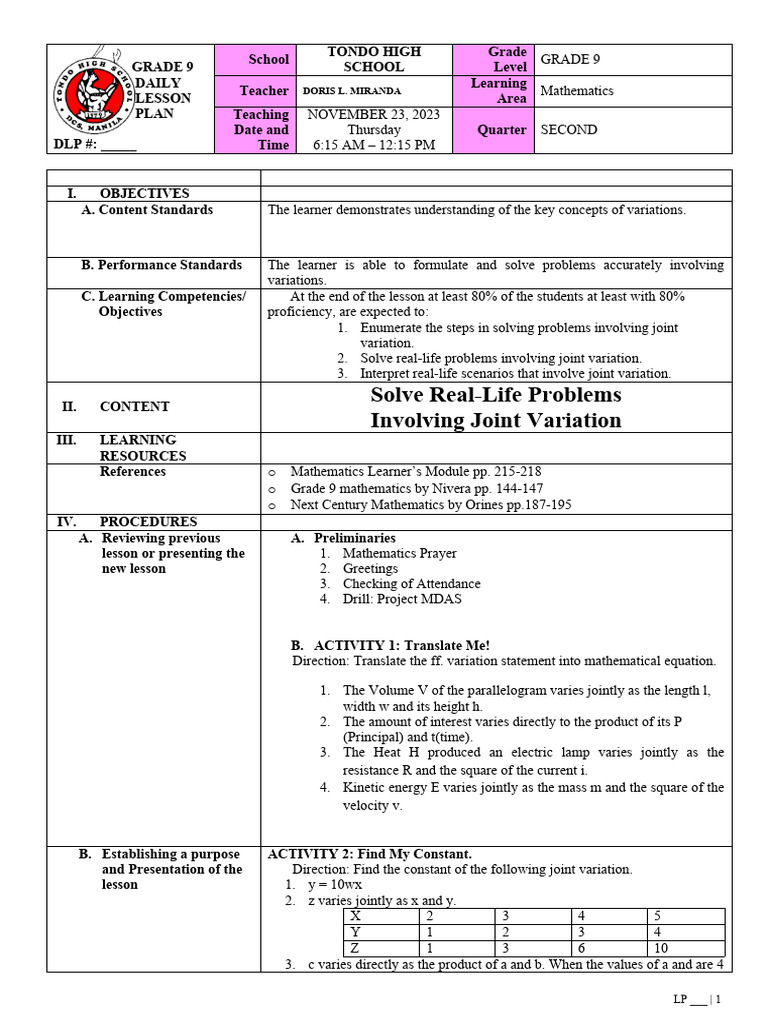 Solve Problems Involving Joint-Variation | PDF | Teaching Methods ...