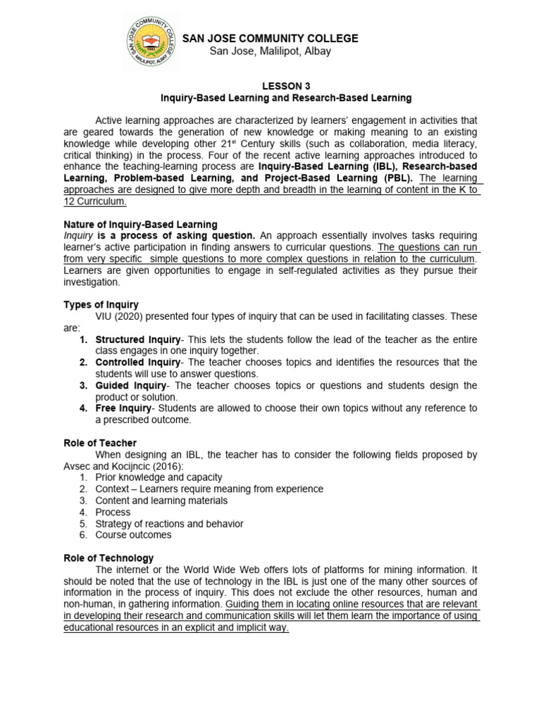 TTL2-LESSON 3 Inquiry-Based Learning and Research-Based Learning | PDF | Wellness