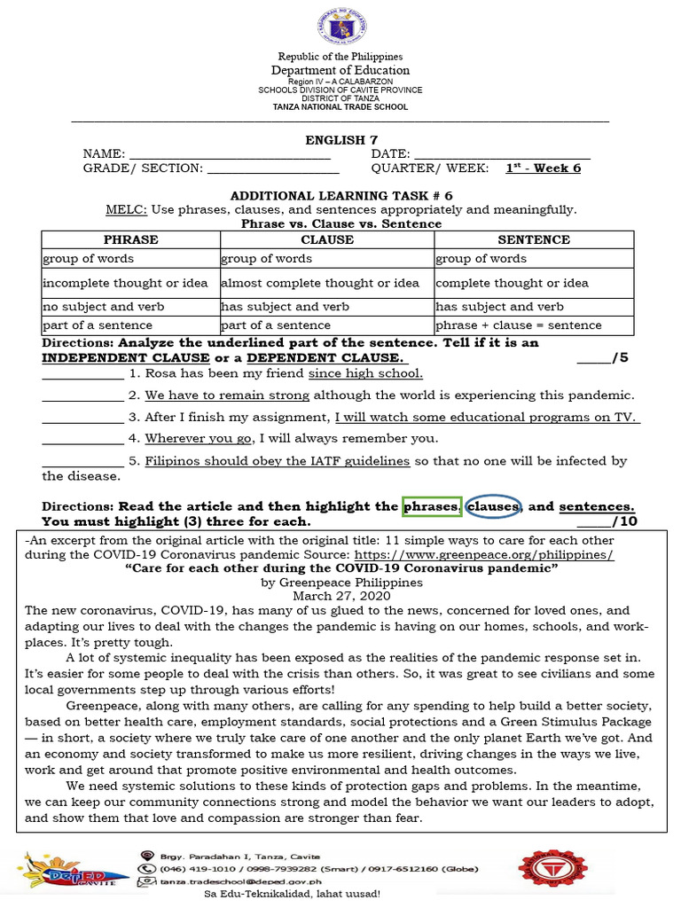 G7-Week-6-Phrases, Clauses and Sentences ALT - Edited | PDF | Sentence (Linguistics) | Clause