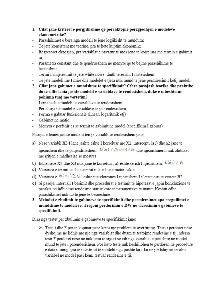 Ekonometri e Avancuar - Pyetje Teorike | PDF