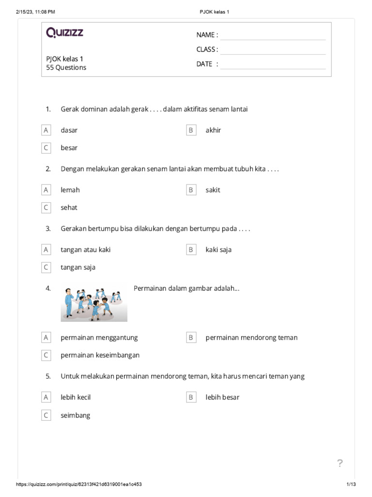 PJOK Kelas 1 55 Soal | PDF