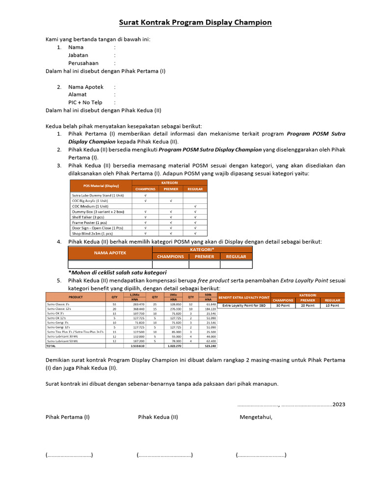 Surat Kontrak Program Display Champion Sutra V2 | PDF
