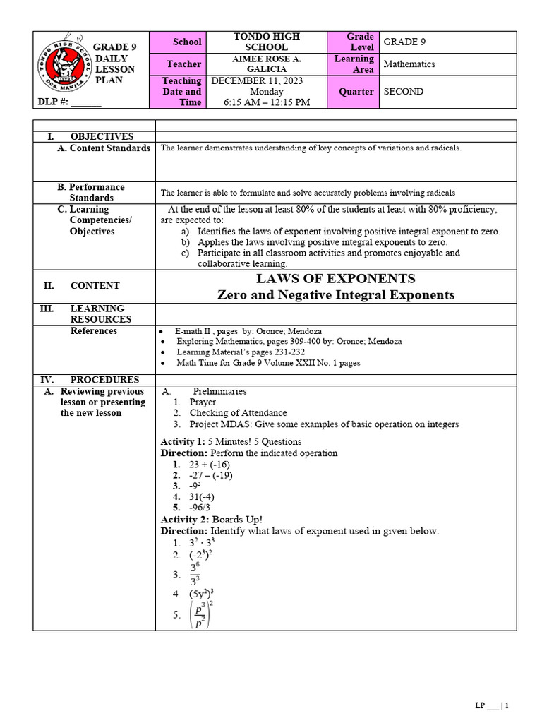 Grade 9 Math Lesson: Exponents | PDF | Bat | Exponentiation