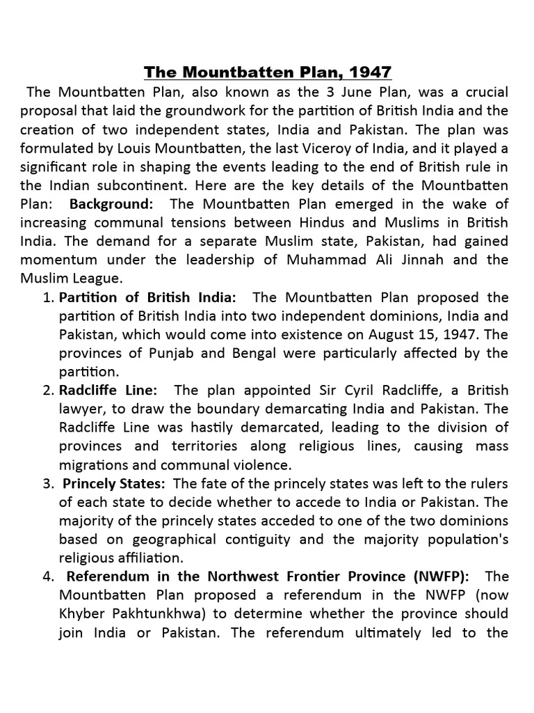 The Mountbatten Plan 1947 | PDF | Partition Of India | British Raj