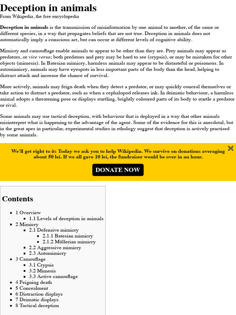 Deception in Animals - Wikipedia, The Free Encyclopedia | PDF | Mimicry ...