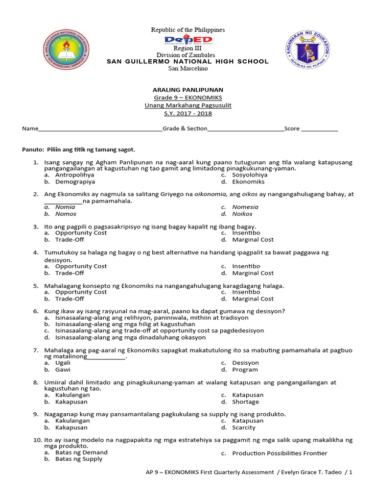 Grade 9 - Ekonomiks | PDF