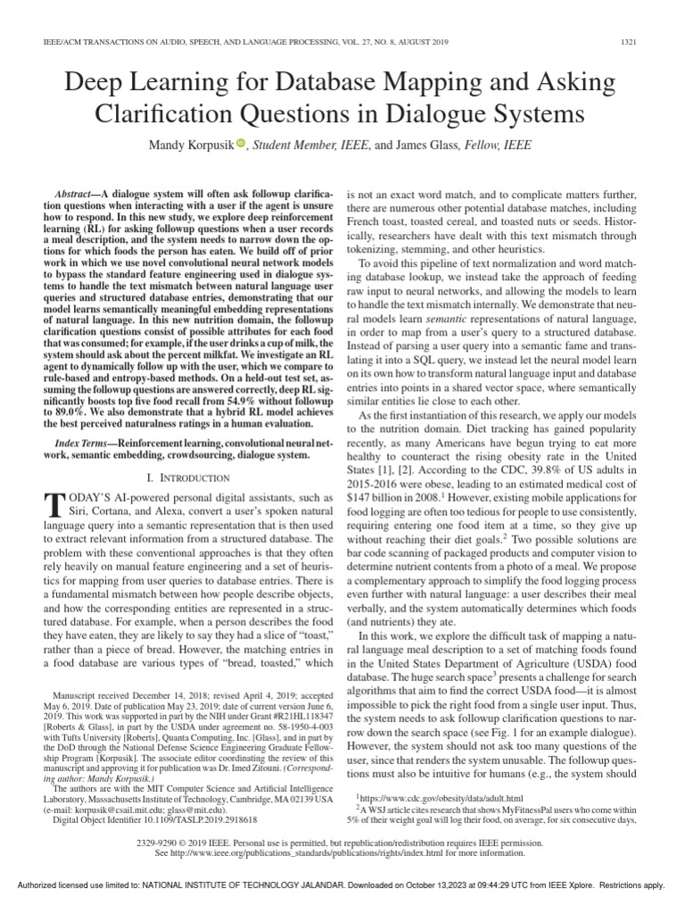 Deep Learning For Database Mapping And Asking Clarification Questions In Dialogue Systems Pdf 
