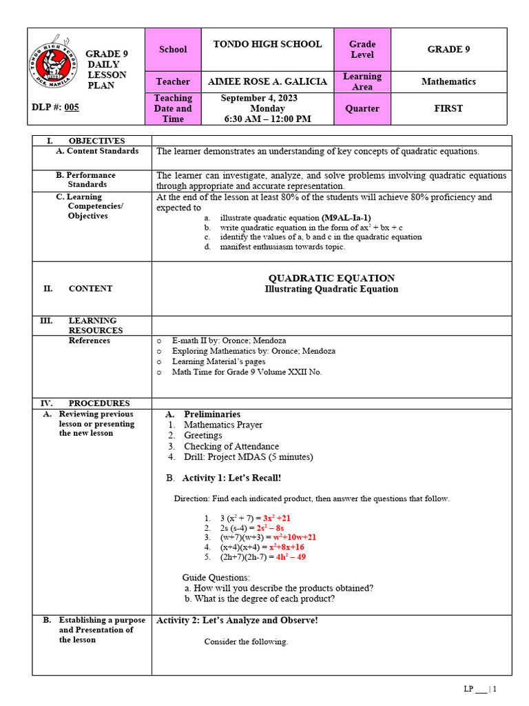 Grade 9 Quadratic Equation Lesson Plan | PDF | Equations | Quadratic Equation