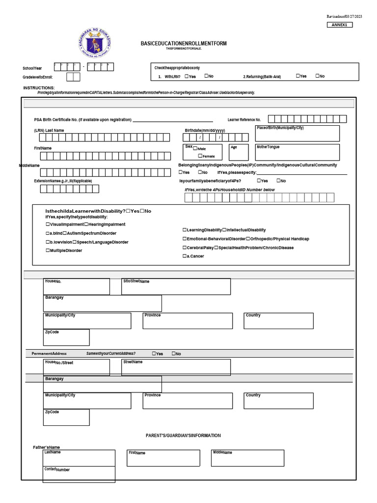 Annex 1 - BEEF SY 2023 2024 Enrolment Form 1 | PDF | Family | Living ...