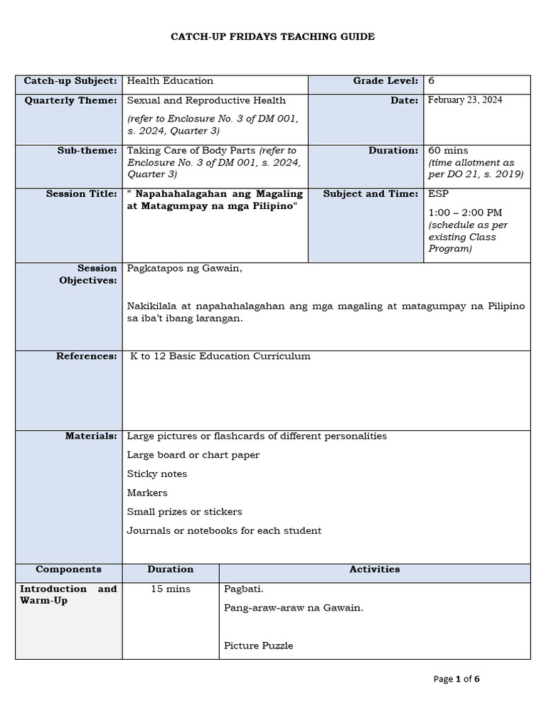 Grade6 Esp Health Ed - Catch Up Friday | PDF
