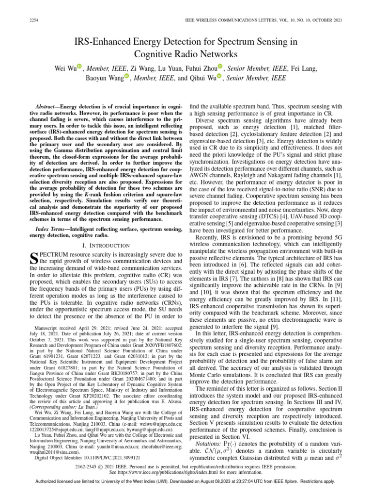 Irs Enhanced Energy Detection For Spectrum Sensing In Cognitive Radio Networks Pdf Cognitive