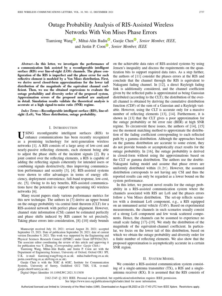 Outage Probability Analysis of RIS-Assisted Wireless Networks With Von Mises Phase Errors | PDF ...