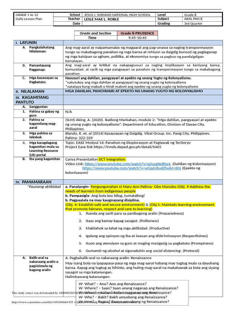 COT 1 Quarter 3 Unang Yugto NG Kolonyalismo 1 | PDF