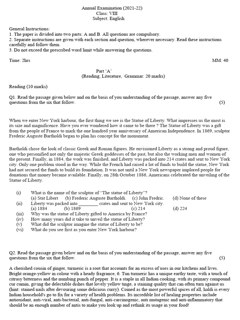 8, English, Annual Examination 2021-22 | PDF | Turmeric