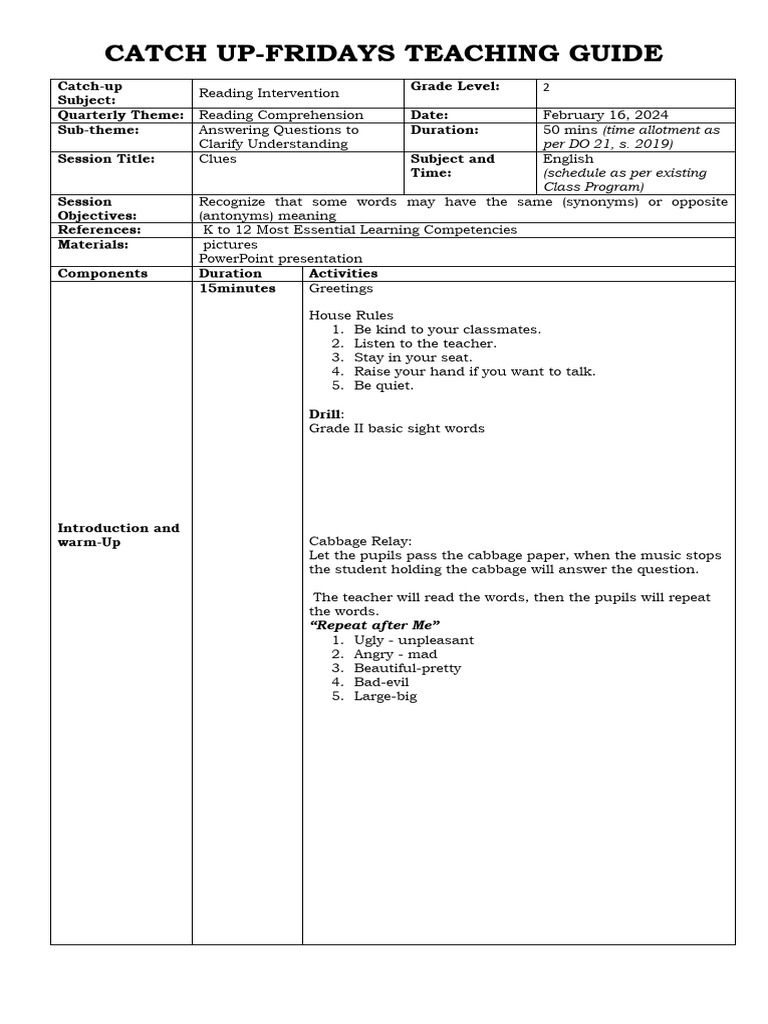 Feb 16 Grade2 Eng Reading - Catch Up Friday | PDF | Learning | Cognition