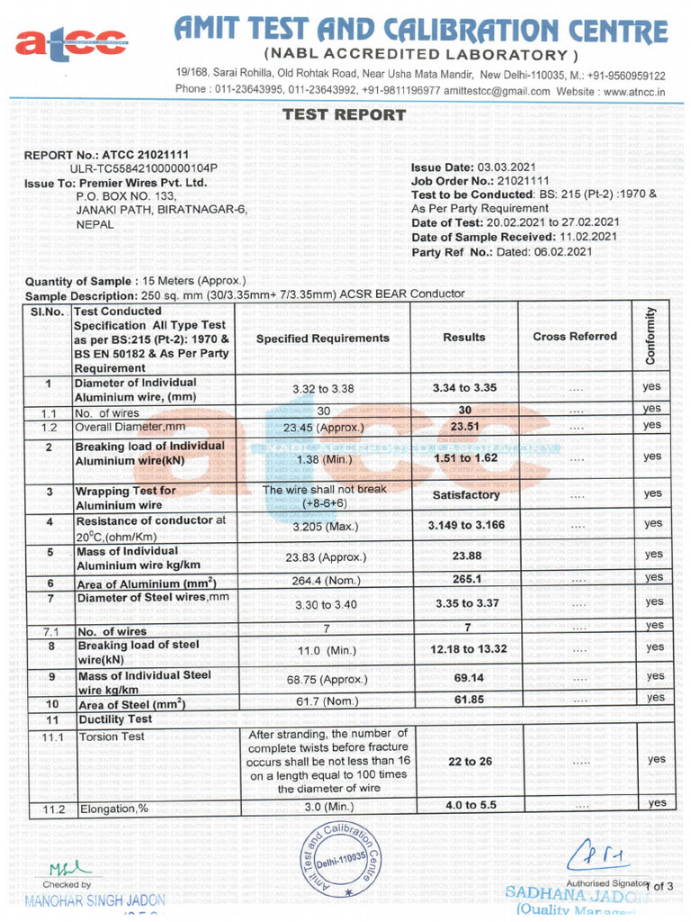 Type Test Report of Bear Conductor | PDF