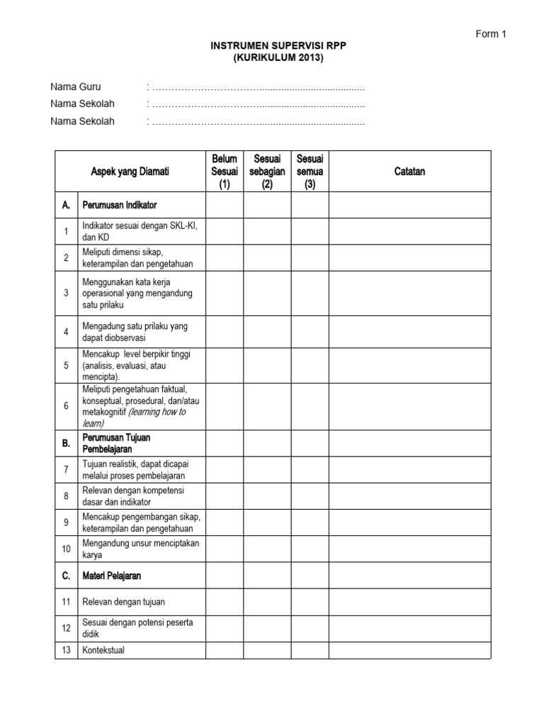 Instrumen Supervisi RPP (K13) | PDF