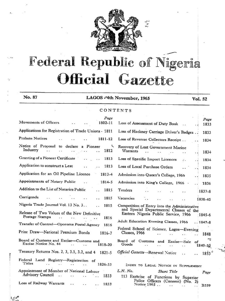 Official Gazette No. 87, Lagos 1965 | PDF | Government