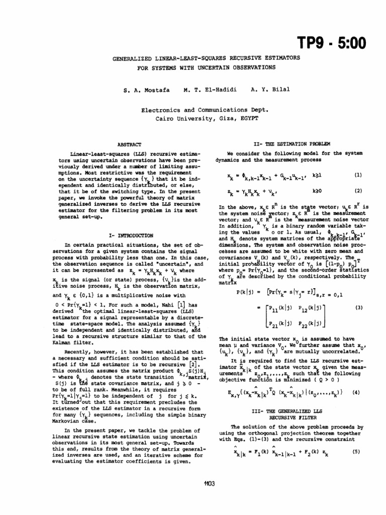 1984 - Generalized Linear-Least-Squares Recursive Estimators For Systems With Uncertain ...