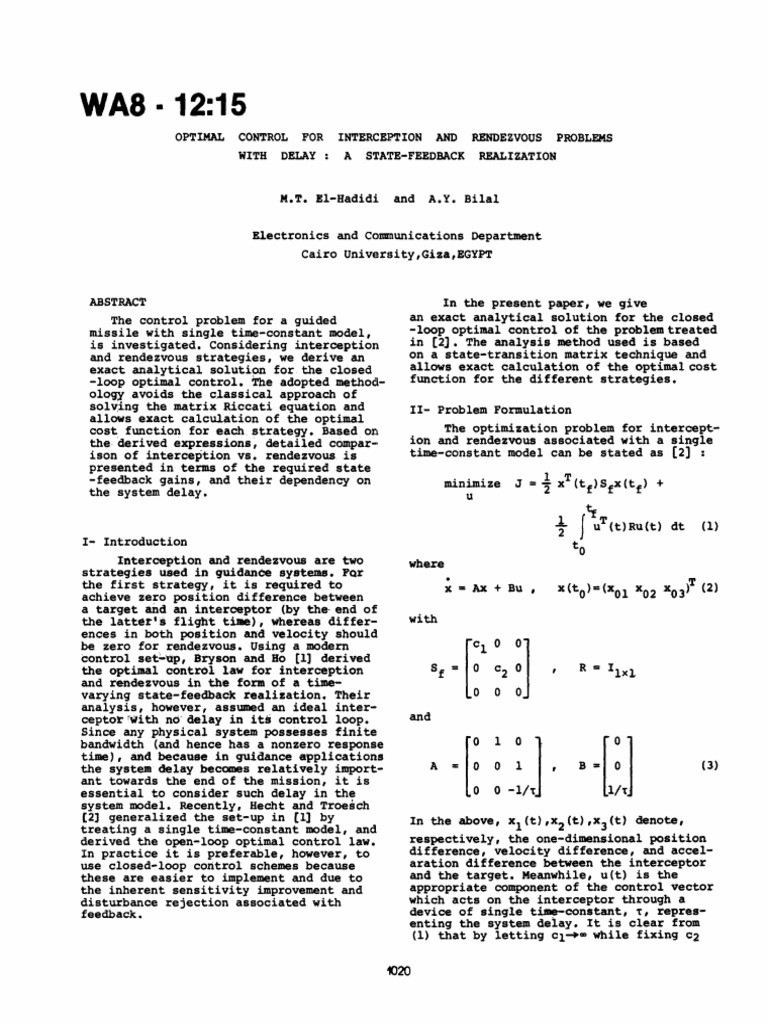 1982 - Optimal Control For Interception and Rendezvous Problems With Delay - A State-Feedback ...