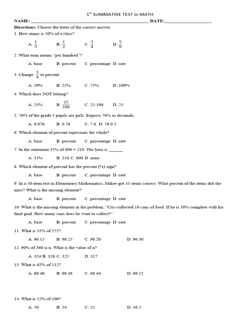 MATH5_ST1_Q3_with-ANSWER-KEY | PDF | Percentage