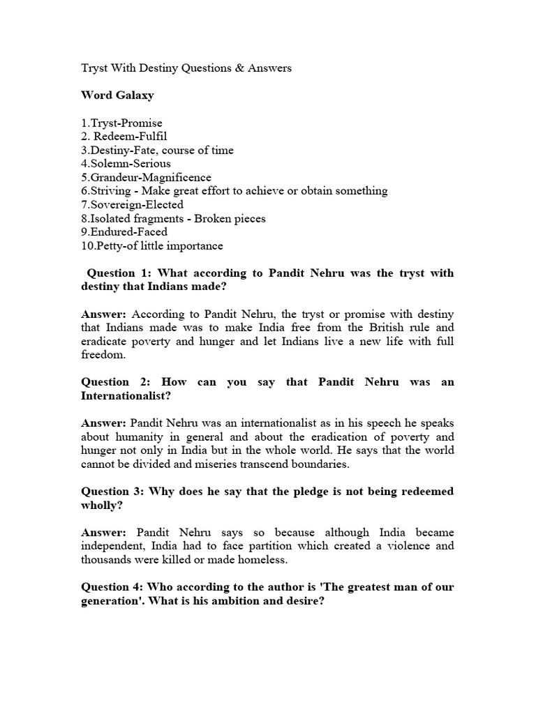 Tryst With Destiny Questions | PDF