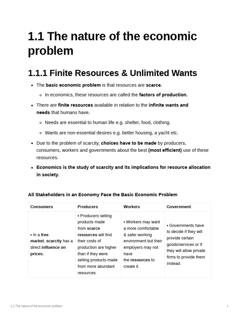 IGCSE Economics 1.1 The Nature of The Economic Problem | PDF