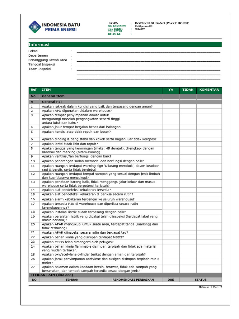 FM-IBPE-HSE-009 Form Inspeksi Gudang (Ware House) | PDF