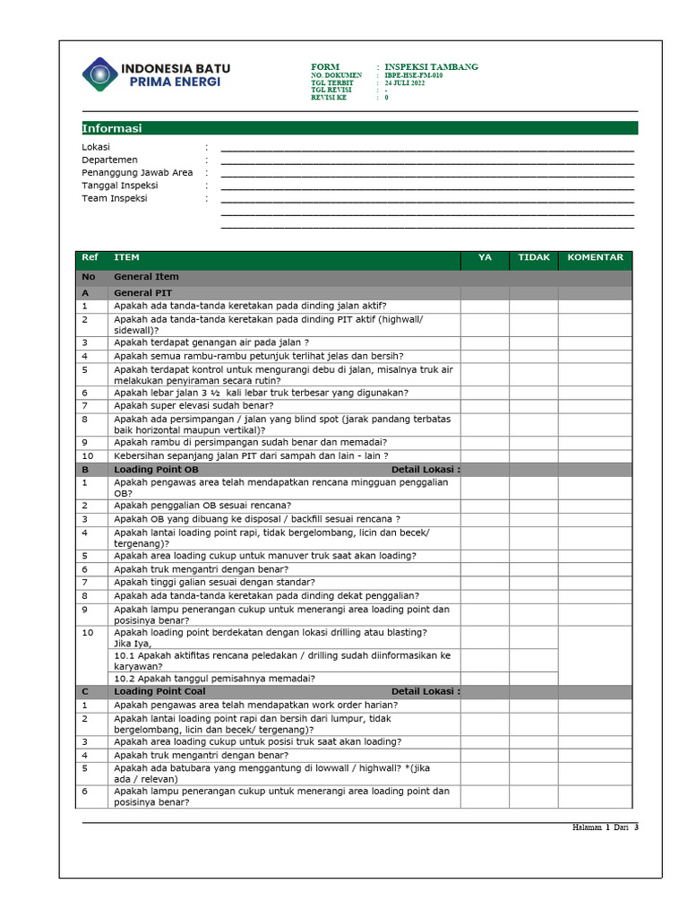 FM-IBPE-HSE-010 - Form Inspeksi Tambang | PDF
