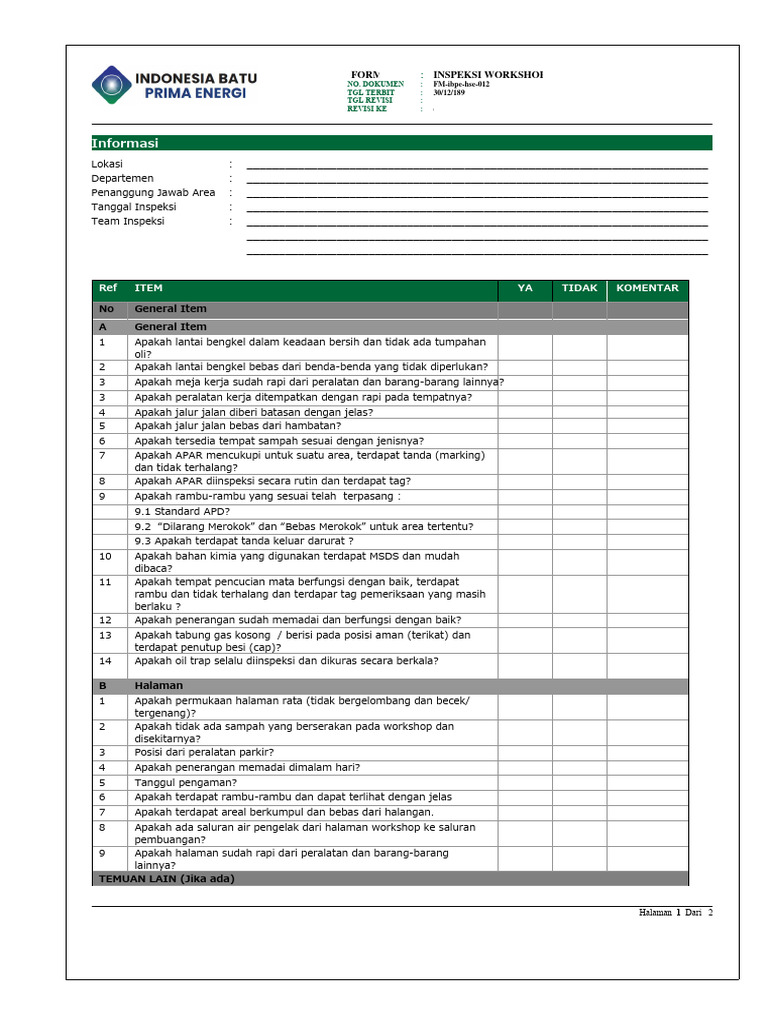 FM-IBPE-HSE-012 - Form Inspeksi Workshop | PDF