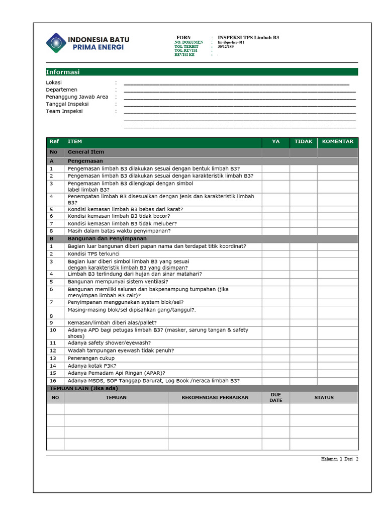 FM-IBPE-HSE-011 - Form Inspeksi TPS & Gudang Oli | PDF