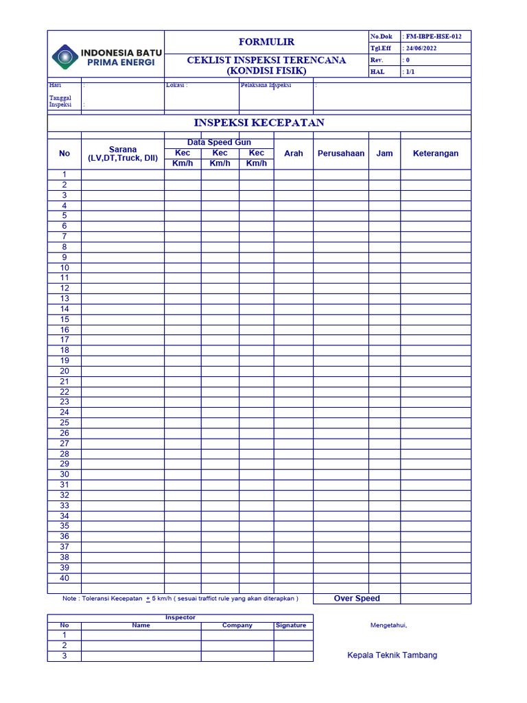 FM-IBPE-HSE-012 - Form Inspeksi Kecepatan | PDF