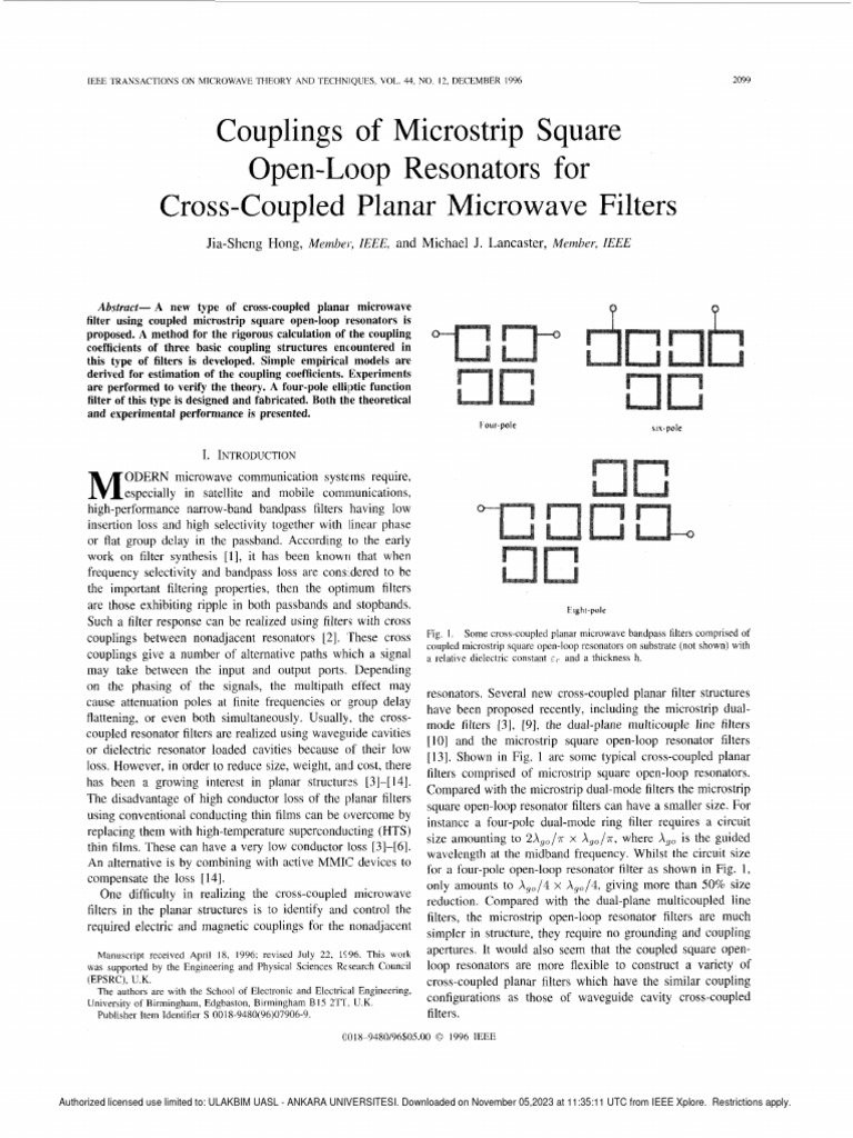 Couplings of Microstrip Square Open-Loop Resonators For Cross-Coupled Planar Microwave Filters ...