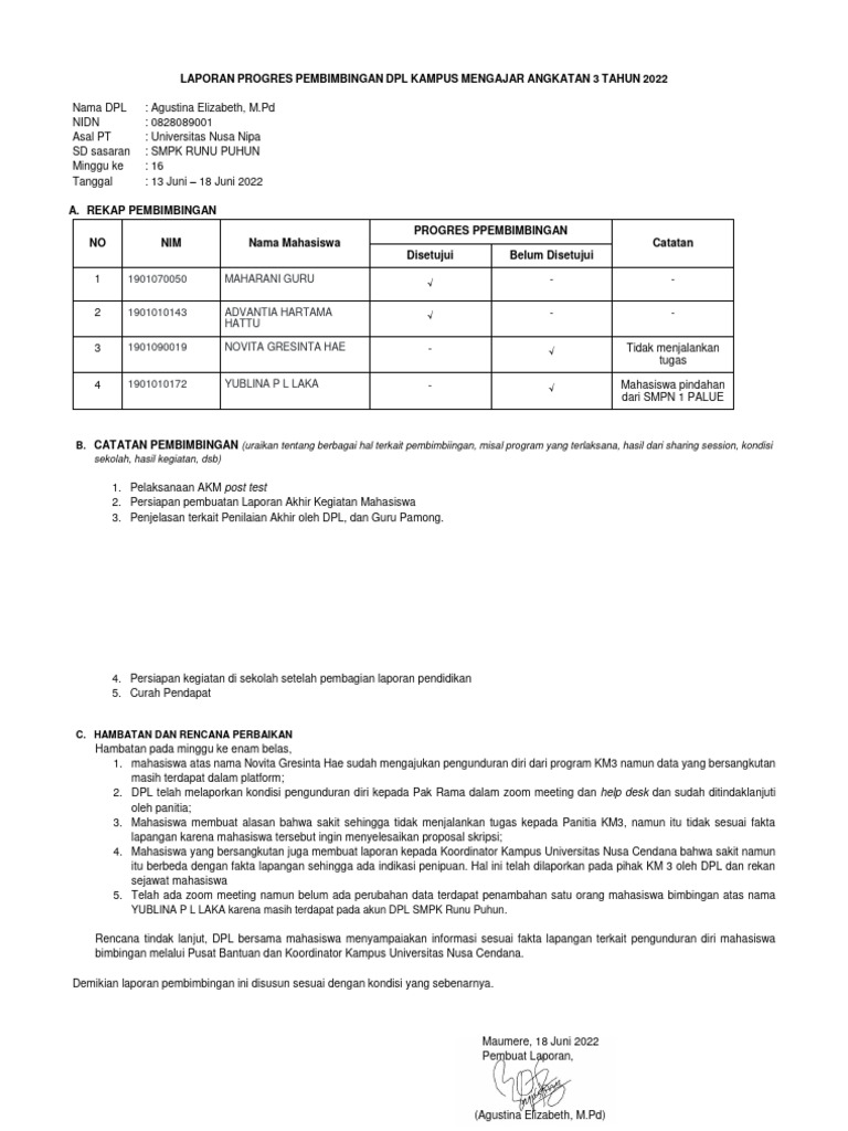 Laporan Progres Pembimbingan DPL Kampus Mengajar Angkatan 3 Tahun 2022 - Minggu 16 | PDF