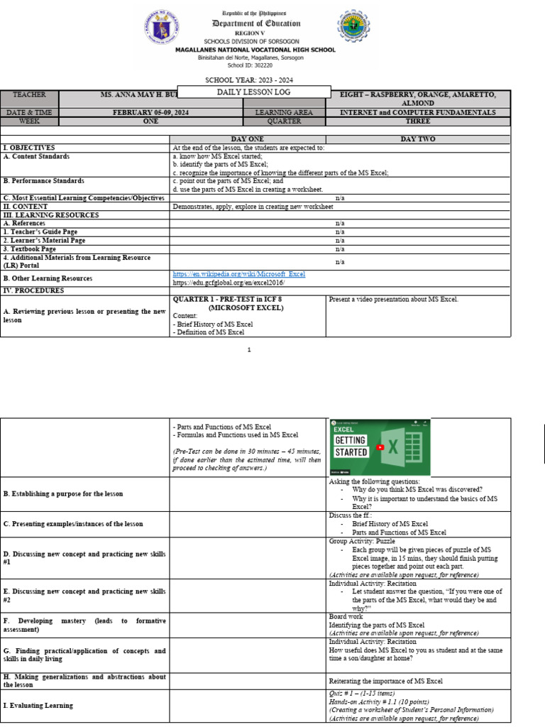 Daily Lesson Log in Icf 8 - 3RD Quarter Week 1 | PDF | Learning | Microsoft Excel