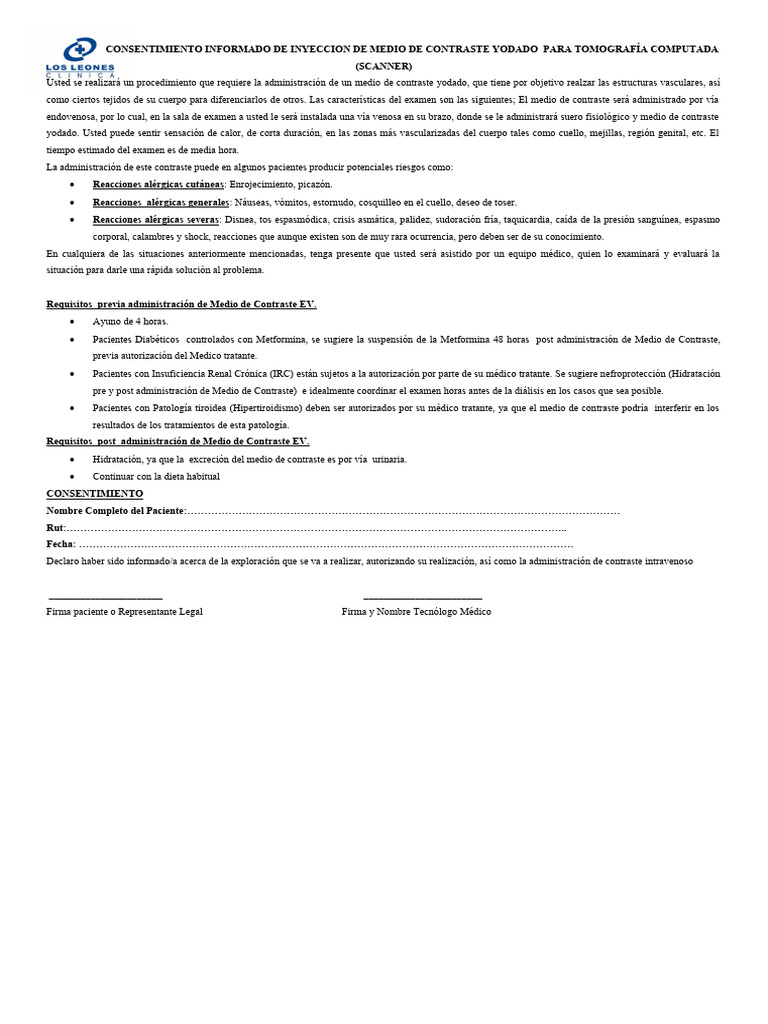 Consentimiento para Contraste Yodado CT | PDF | Enfermedades y ...